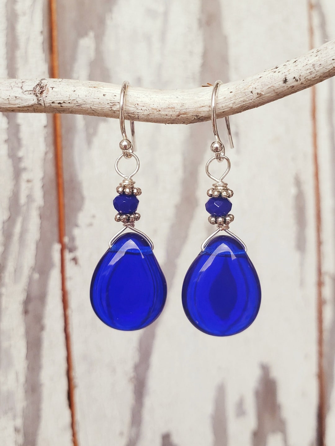 Cobalt Blue Earrings. Silver Wire Wrapped Glass Dangle Earrings. Blue ...