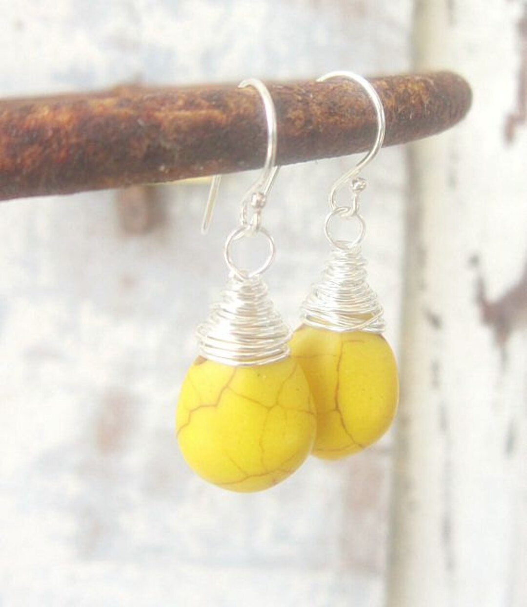 Yellow Earrings. Yellow Howlite Earrings. Yellow Turquoise Tear Drop ...