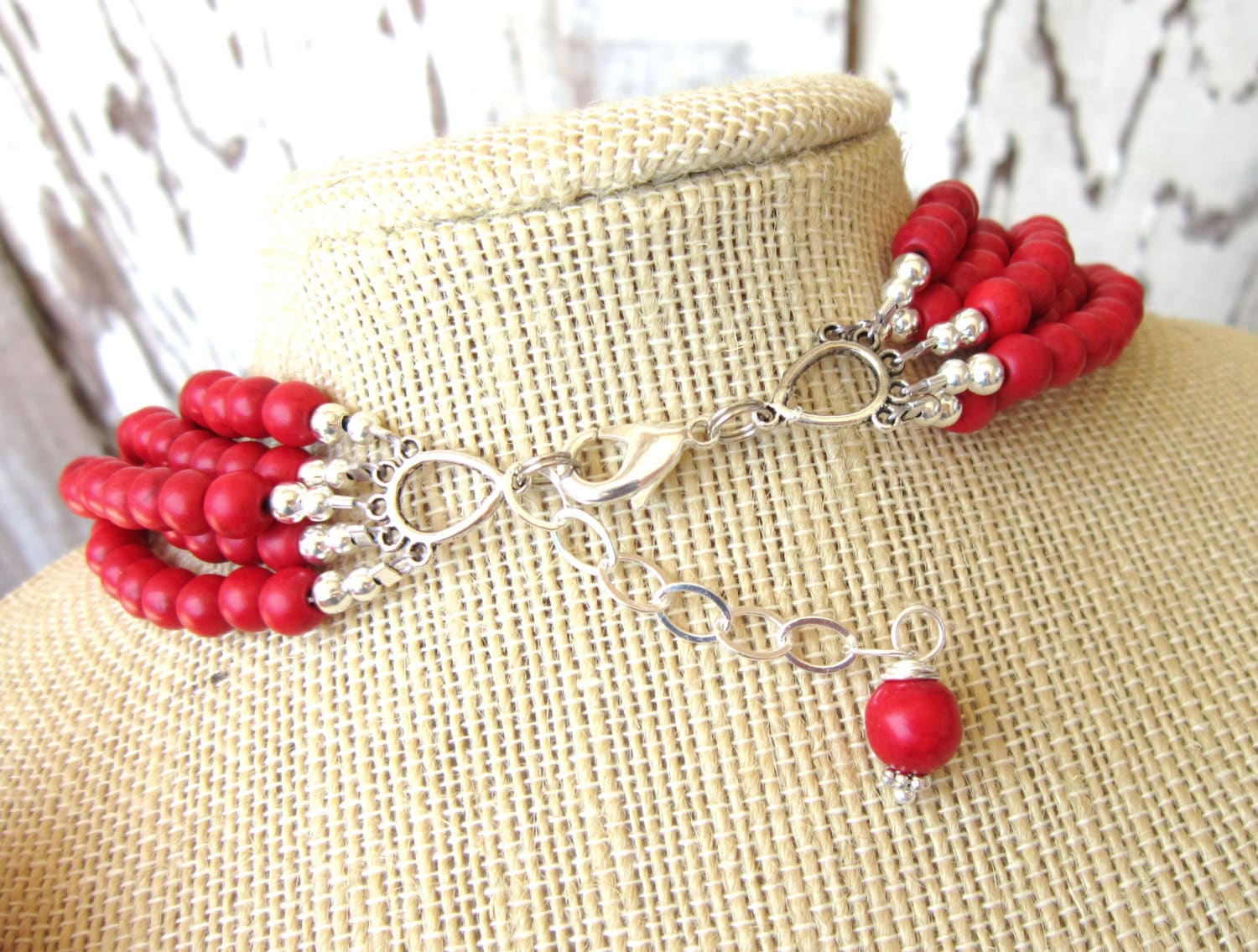 Red Turquoise Necklace. Five Strand Red Howlite Necklace. Red Howlite ...