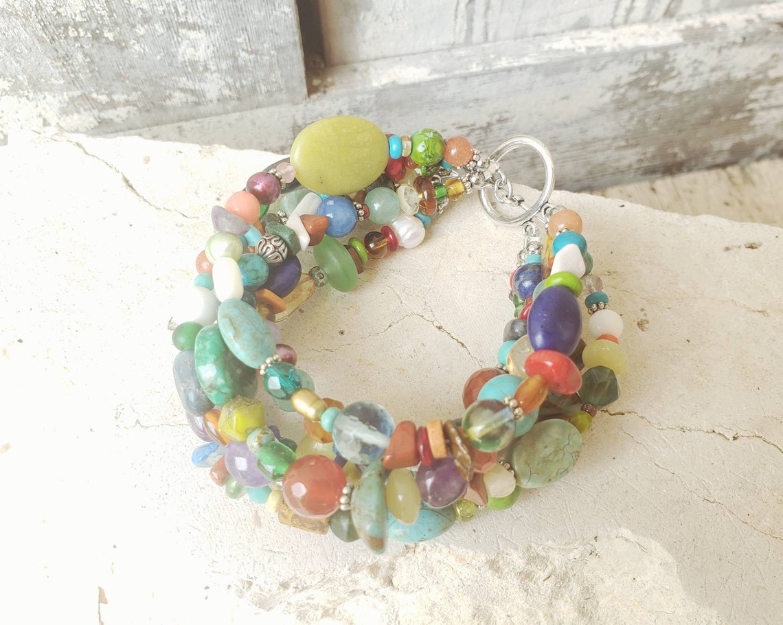 Multi Color Beaded Bracelet. Six Strand Bracelet. Chunky Boho - Etsy