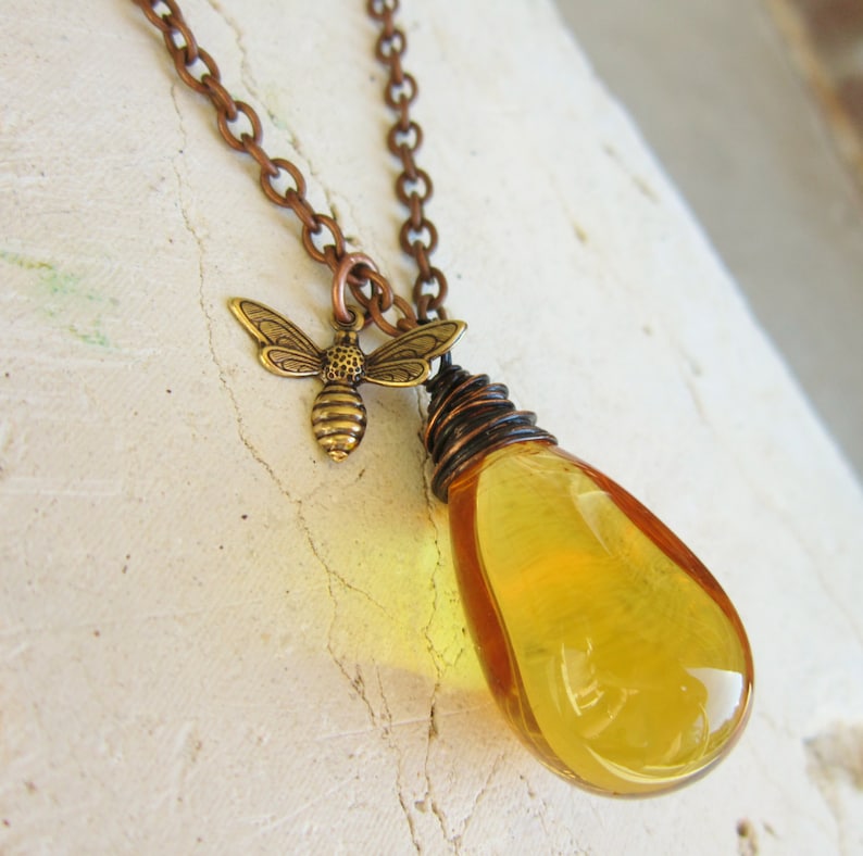 Honey Bee Necklace. Wire Wrapped Briolette Charm Necklace. - Etsy