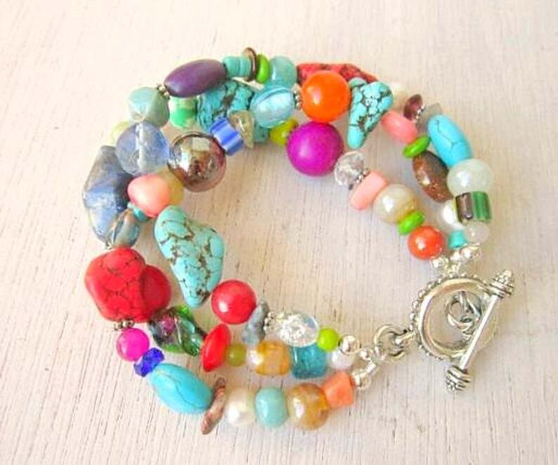 Multi Color Bracelet. Multi Semi Precious Stone Bracelet. Three Strand ...