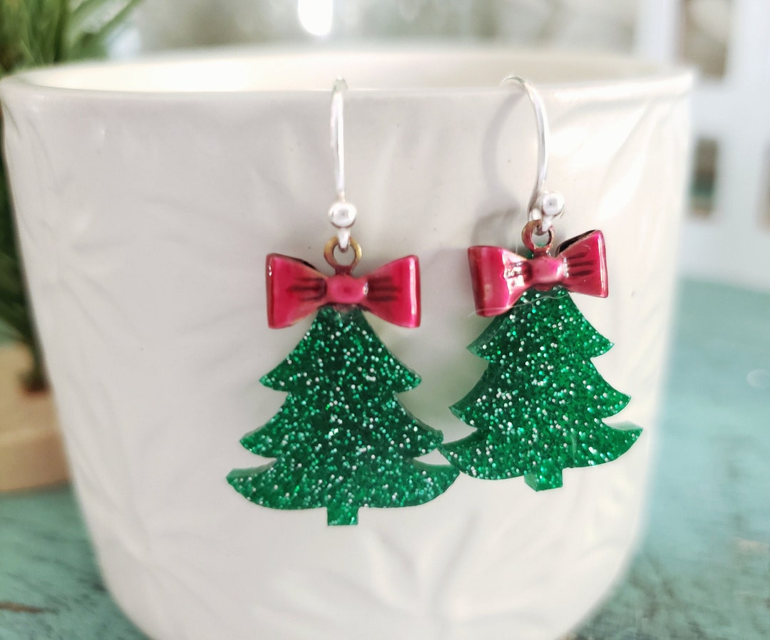 Christmas Tree Earrings. Acrylic Glitter Christmas Earrings. Glitter ...