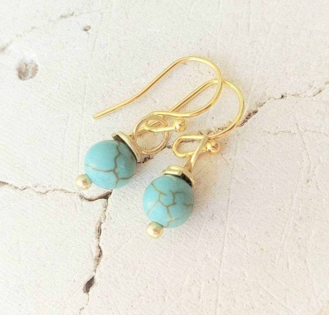 Small Genuine Turquoise Earrings in Gold Tone. 6mm Natural Turquoise ...