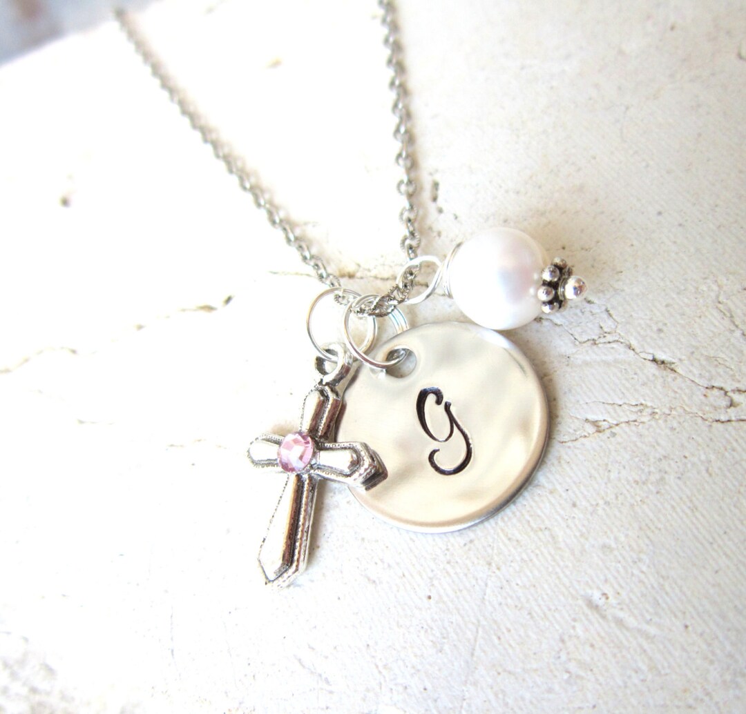 Girl's Baptism Gift. Children's Birthstone Cross Necklace. Circle ...