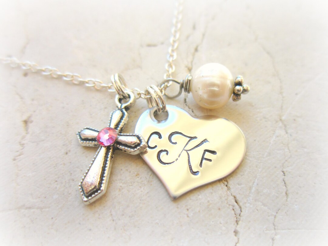 Baptism Gift.children's Birthstone Cross Necklace.girl's Monogram ...