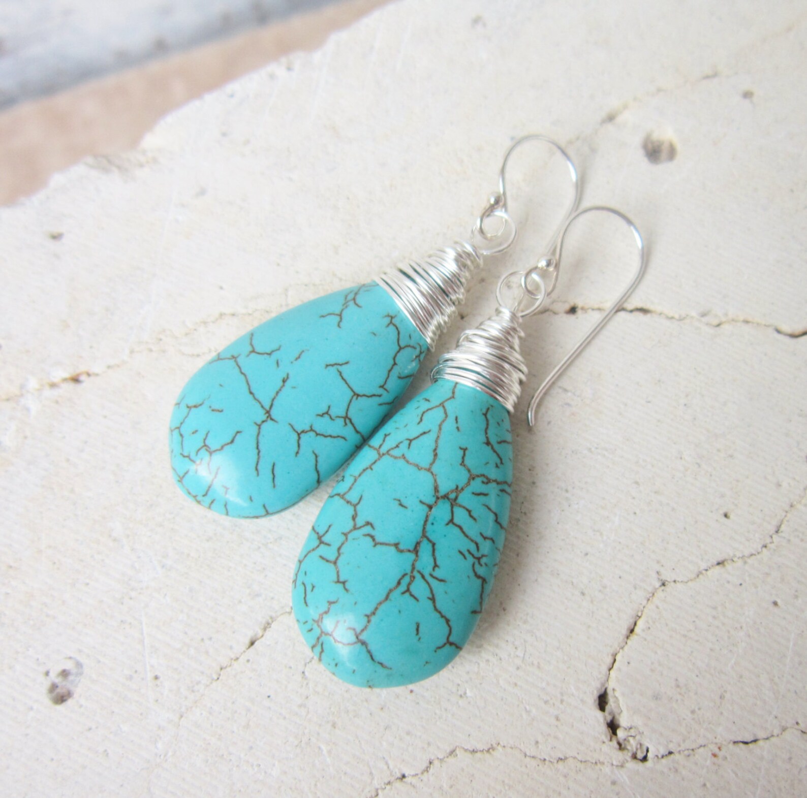 Long Turquoise Earrings Dangle. Wire Wrapped Turquoise Howlite Dangle ...