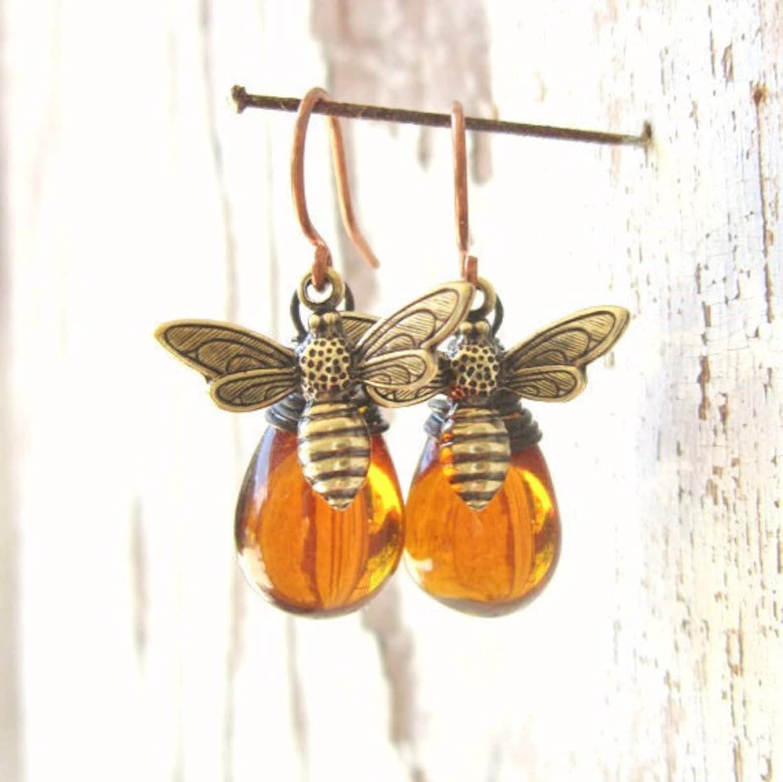 Honey Bee Jewelry.Honey Bee Earrings. Wire Wrapped Drops Honey | Etsy