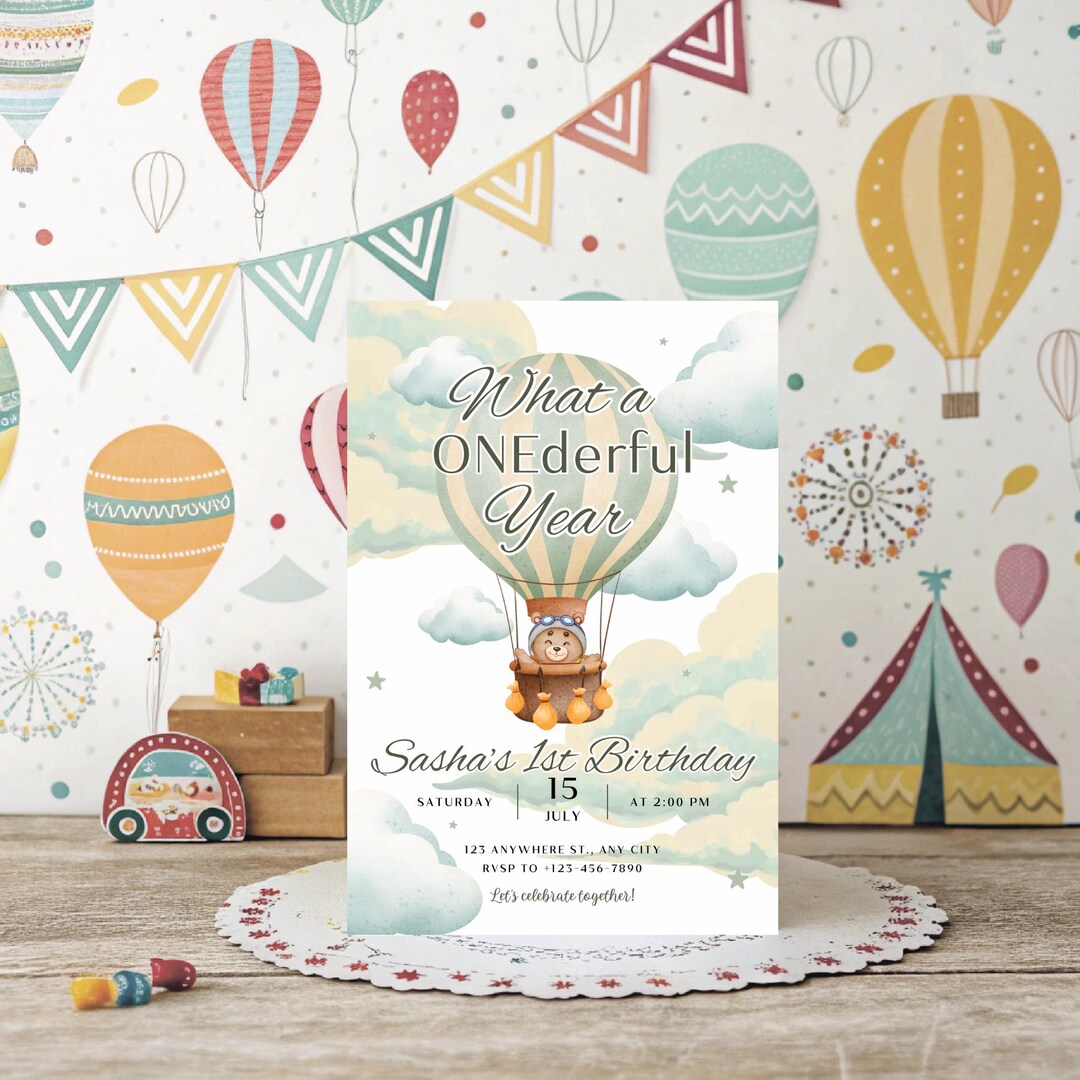 One-derful First Birthday Invitation, Hot Air Balloon Birthday Invite ...