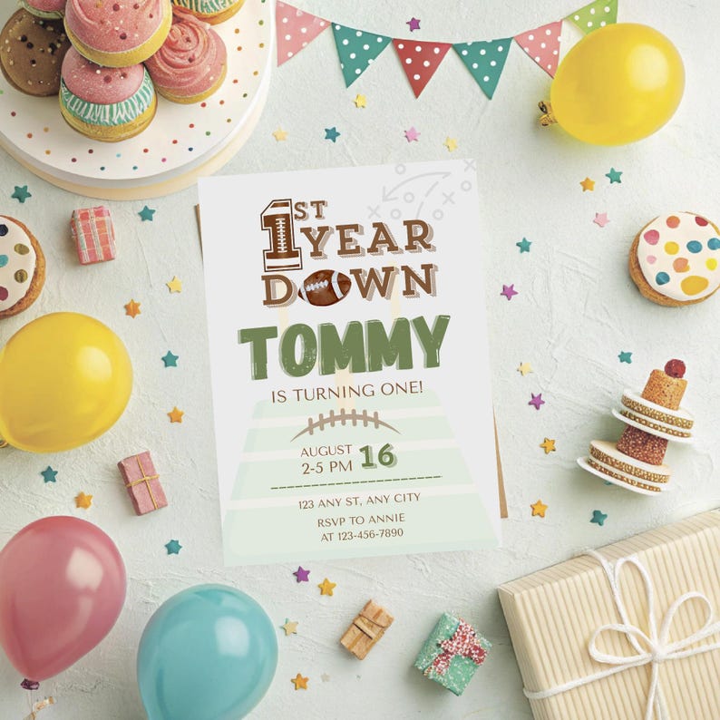 First Year Down Birthday Invitation, Football First Birthday Invite ...