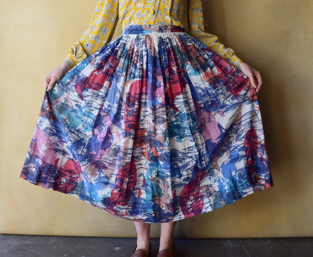 1950s Vintage Colorful Print Skirt . Size Small - Etsy