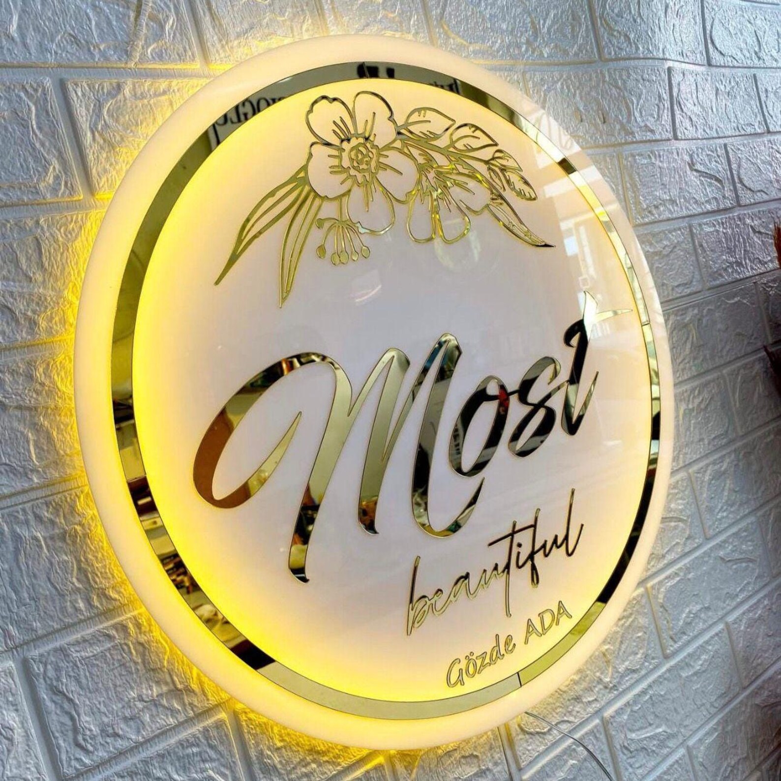 Custom Floral Beauty Salon Sign, Gold Acrylic Logo, LED Backlit ...