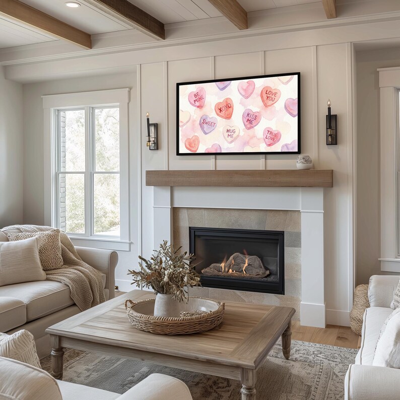 Valentine's Day Frame TV Art, Candy Hearts Watercolor Painting, Pastel ...
