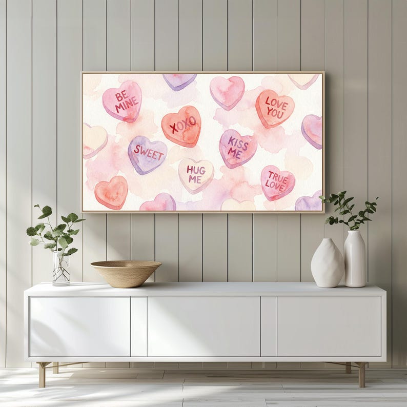 Valentine's Day Frame TV Art, Candy Hearts Watercolor Painting, Pastel ...