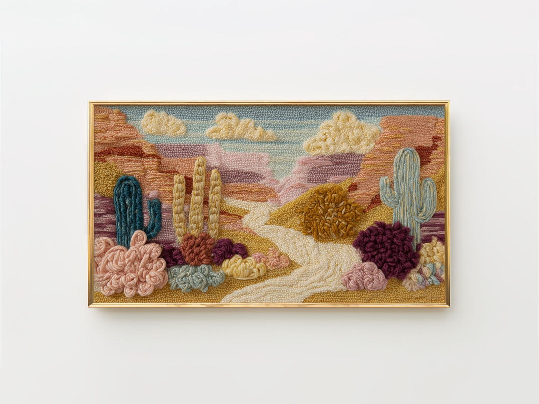 Rustic Boho Landscape Frame TV Art, Desert Sunset Cactus Decor, Warm Southwestern Wall Art, Cozy ...