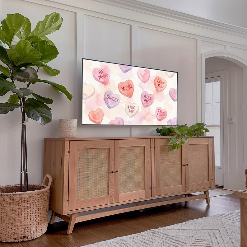 Valentine's Day Frame TV Art, Candy Hearts Watercolor Painting, Pastel ...