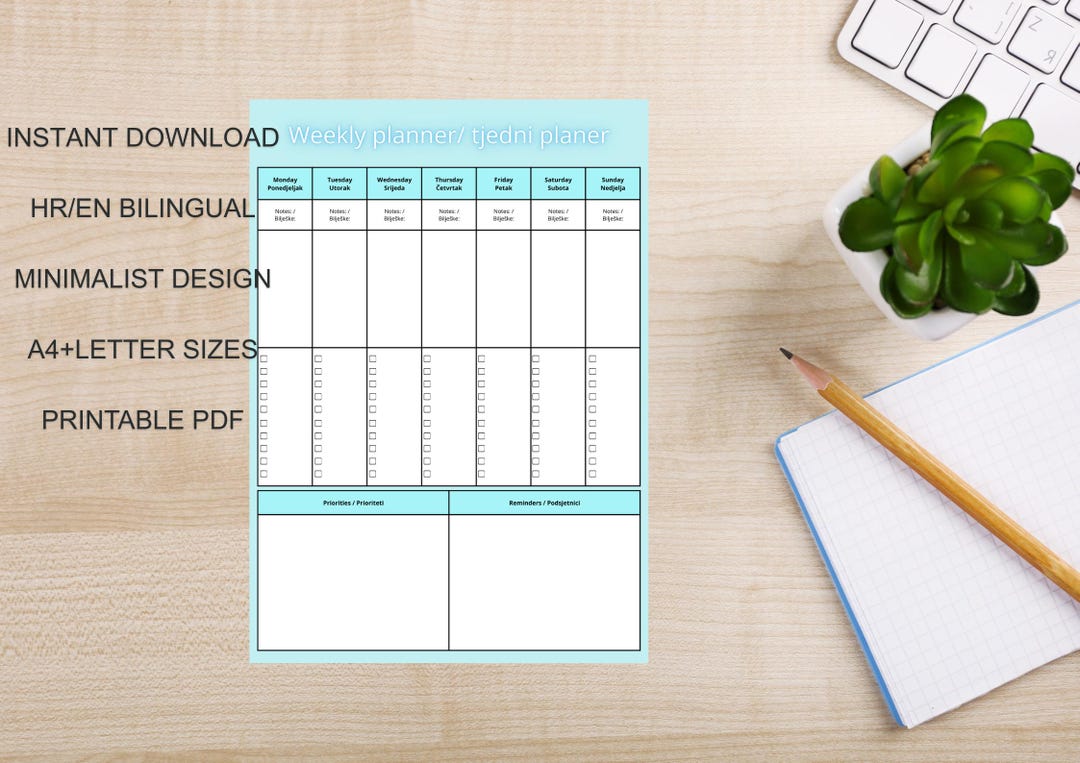 Bilingual Weekly Planner HR/EN | Minimalist Printable | A4 & Letter ...