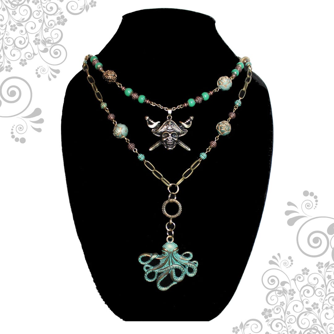Pirate Skull and Octopus Necklace Patina Necklace, Jolly Roger Skull ...