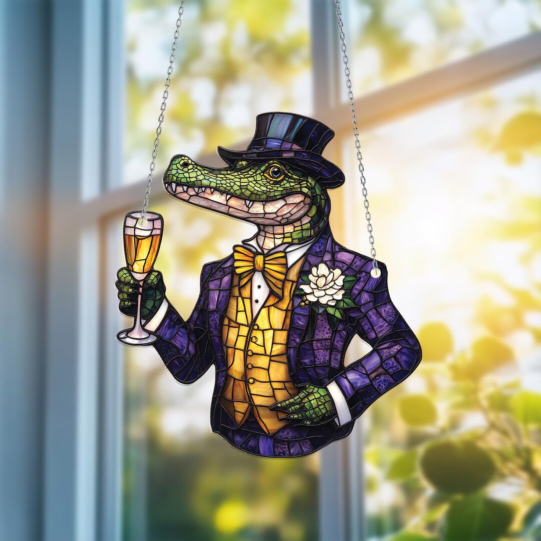 Mardi Gras Alligator Suncatcher - Purple Suit Crocodile Window Hanging ...