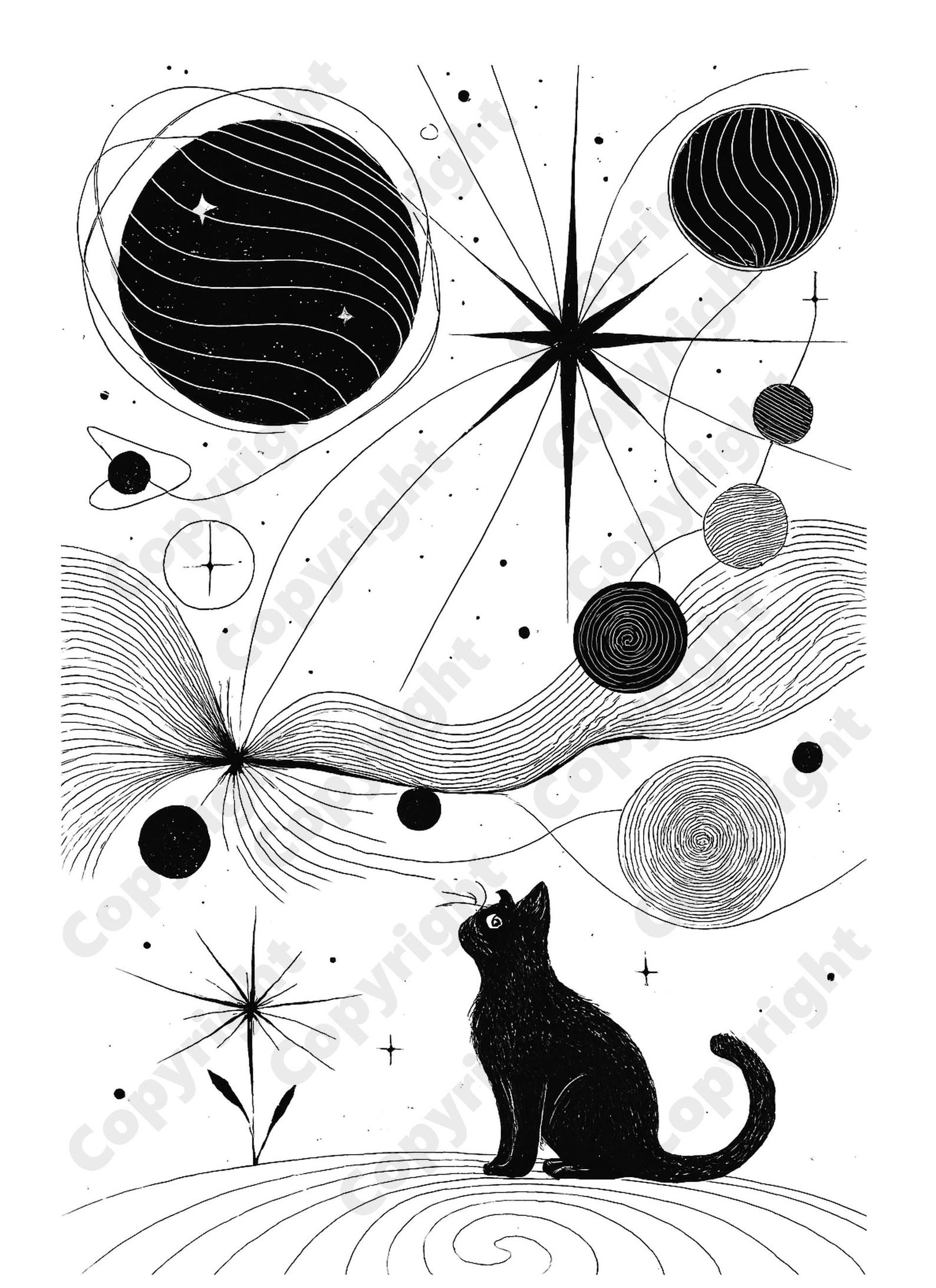 Cosmic Black Cat Line Art Print – Spiritual Universe Illustration ...