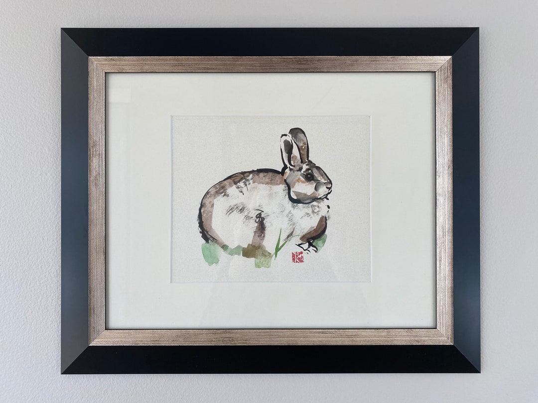 Watercolor Rabbit Painting in the Style of Sumi-e, Simple Brush ...