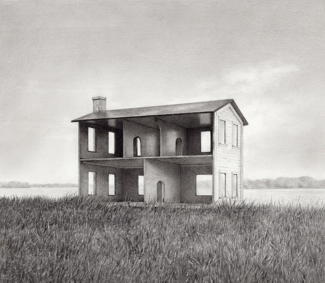 Lake House, Original Graphite Drawing on Paper of Dollhouse on a Lake ...