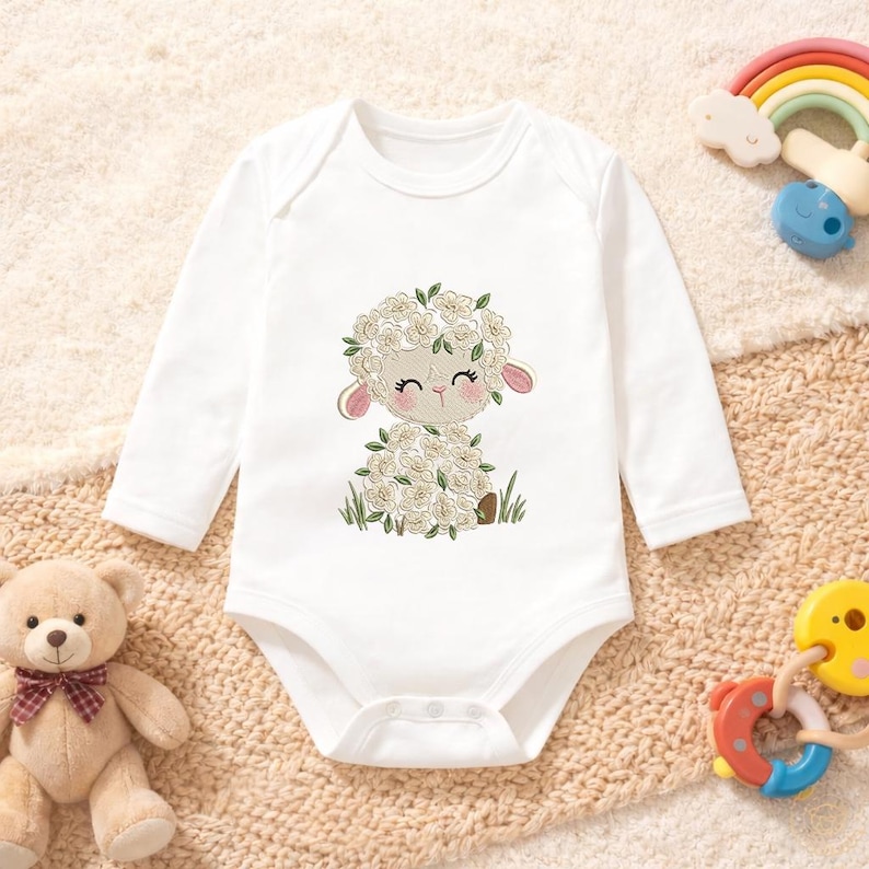 Floral Lamb Embroidery Design, Cute Sheep With Flowers, Spring Farm ...