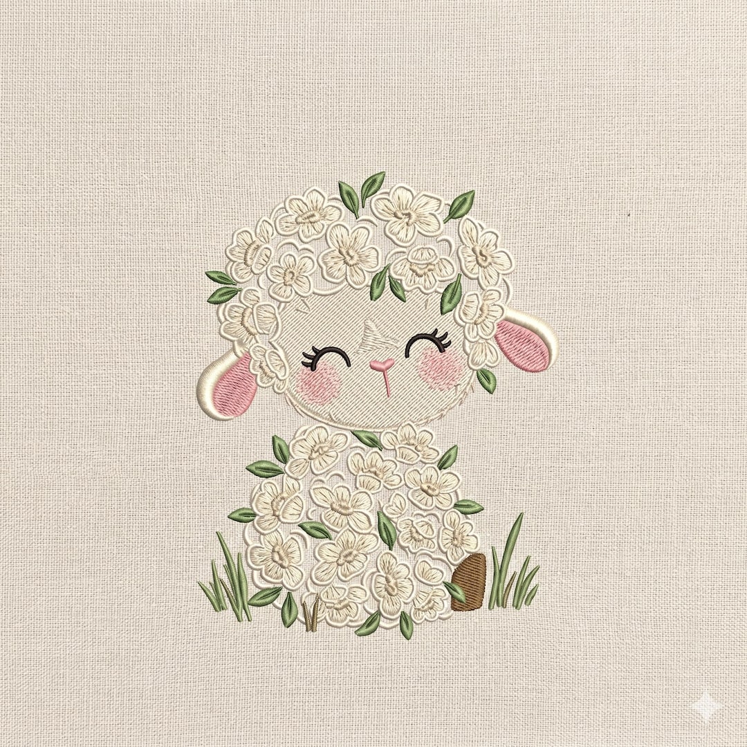Floral Lamb Embroidery Design, Cute Sheep With Flowers, Spring Farm ...