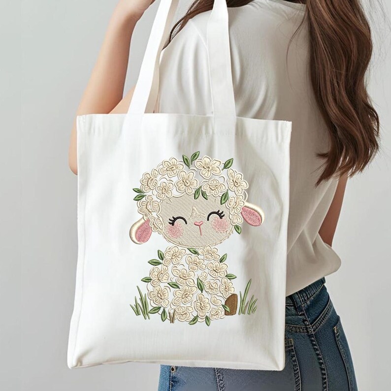 Floral Lamb Embroidery Design, Cute Sheep With Flowers, Spring Farm ...