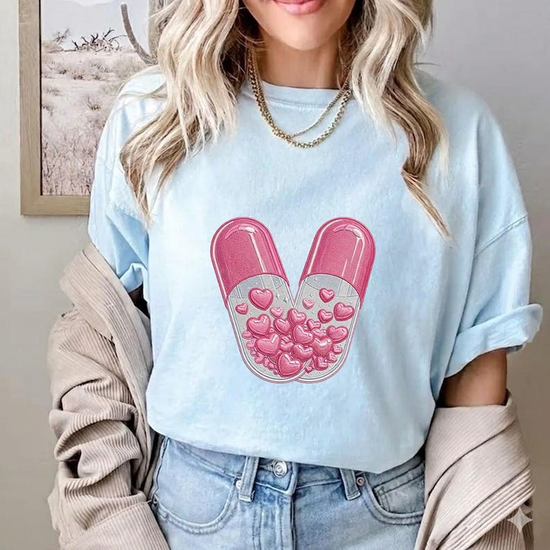 Heart Capsule Embroidery Design, Pink Love Pills Medical Valentine ...