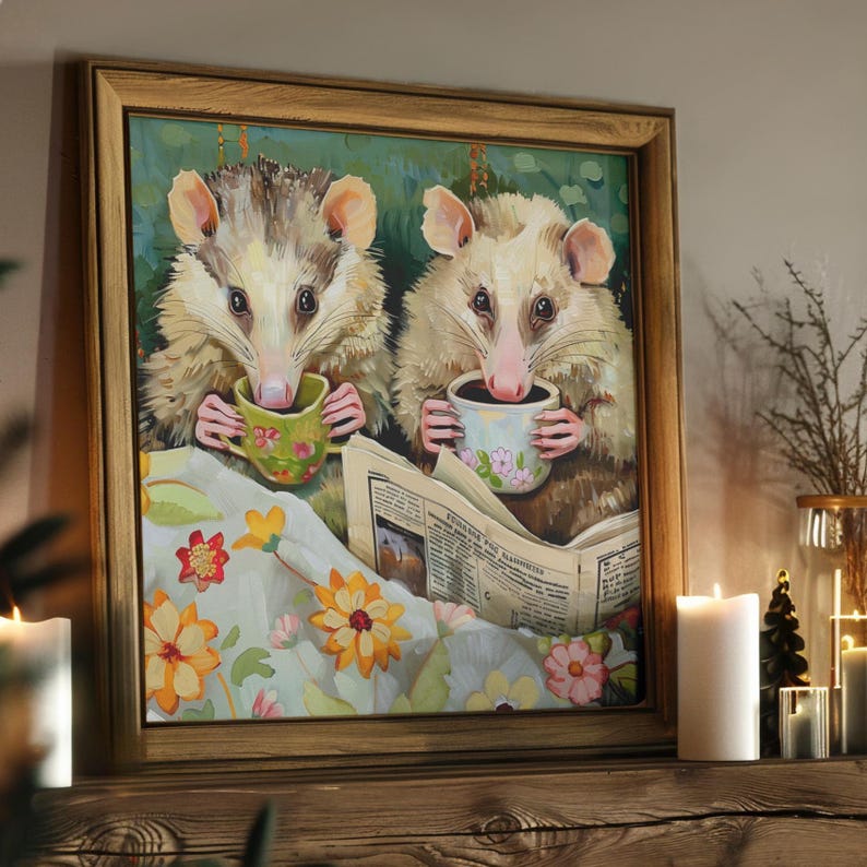 Cozy Possum Coffee Art Print, Two Possums Drinking Coffee and Reading ...