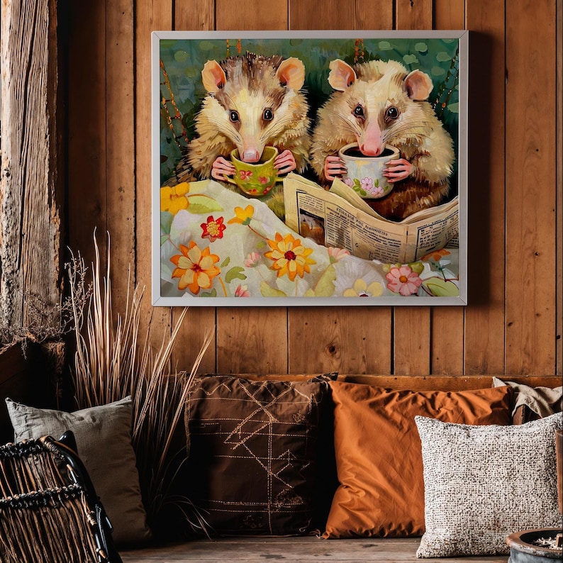 Cozy Possum Coffee Art Print, Two Possums Drinking Coffee and Reading ...