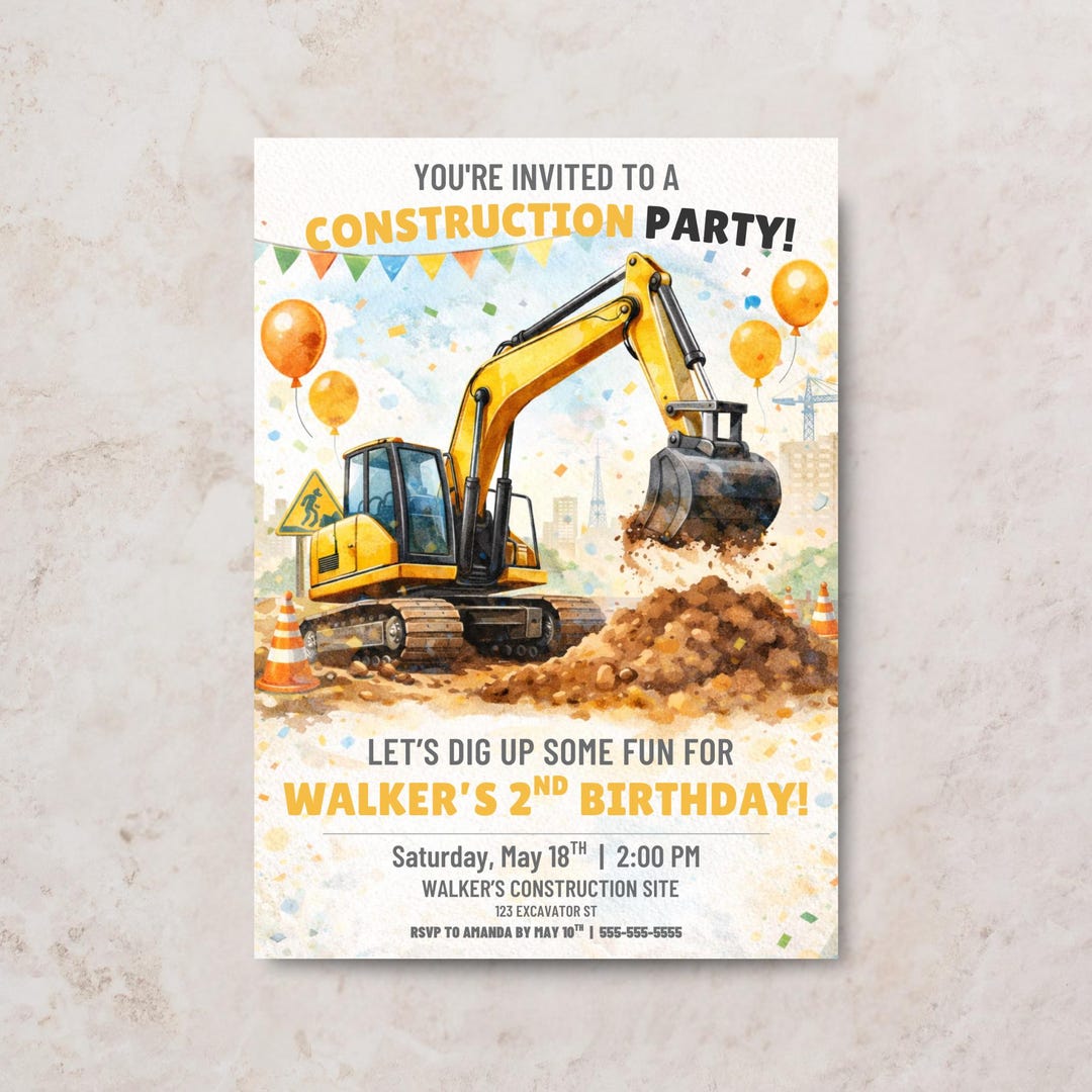 Construction Birthday Invitation | Excavator Party Invite | Editable ...