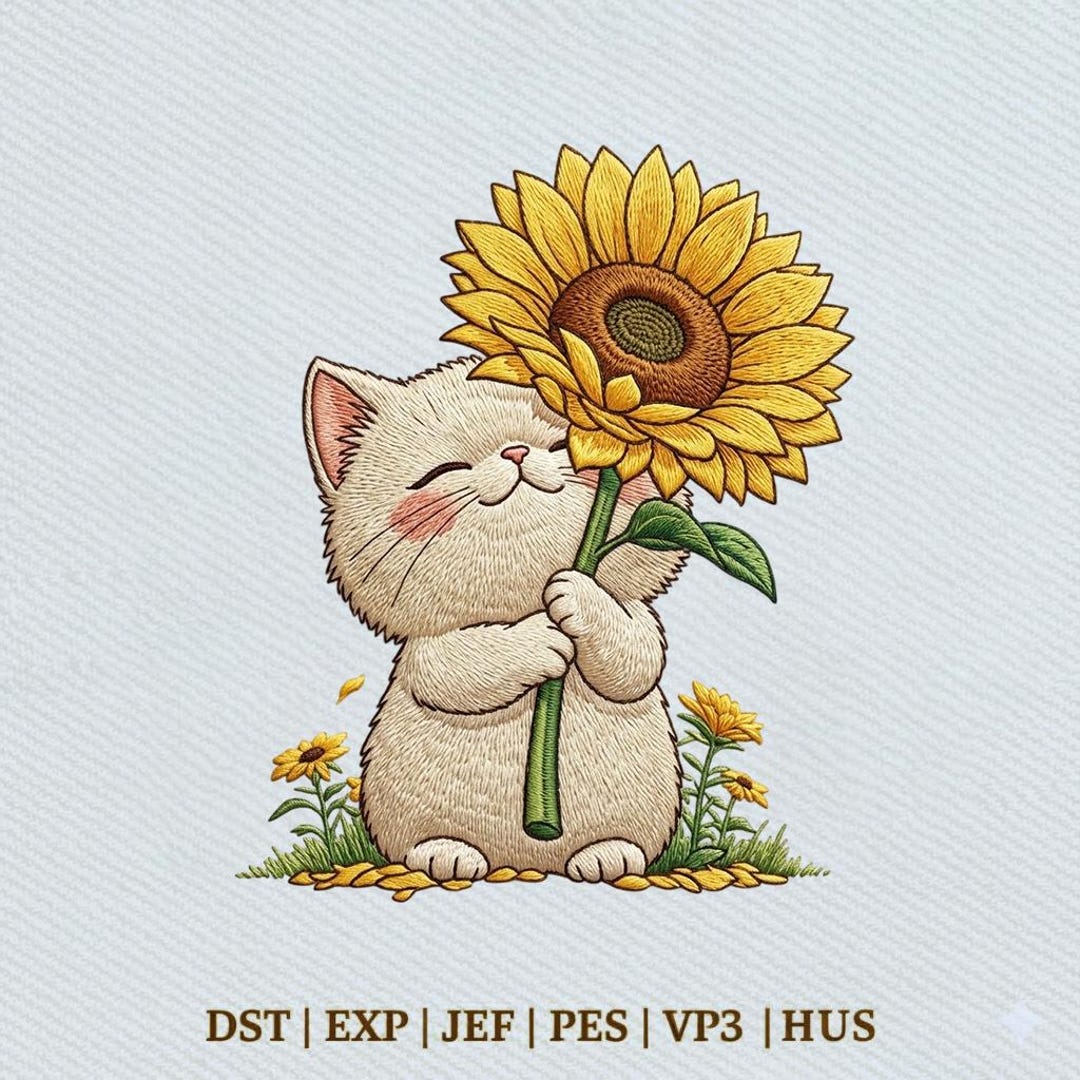 Cute Cat With Sunflower, Kawaii Kitty Flower Embroidery Design, Instant ...