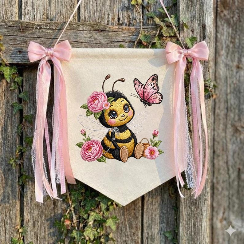 Cute Bee Butterfly, Baby Bee With Flowers and Butterfly Embroidery ...
