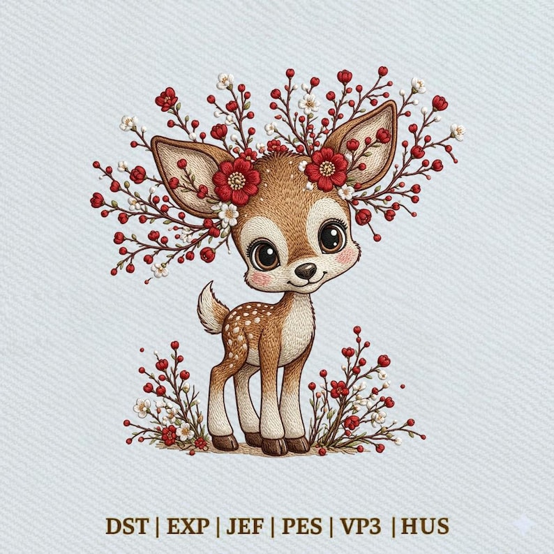 Cute Deer Fawn With Red Flowers, Spring Woodland Animal Embroidery ...