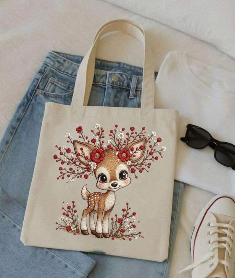 Cute Deer Fawn With Red Flowers, Spring Woodland Animal Embroidery ...