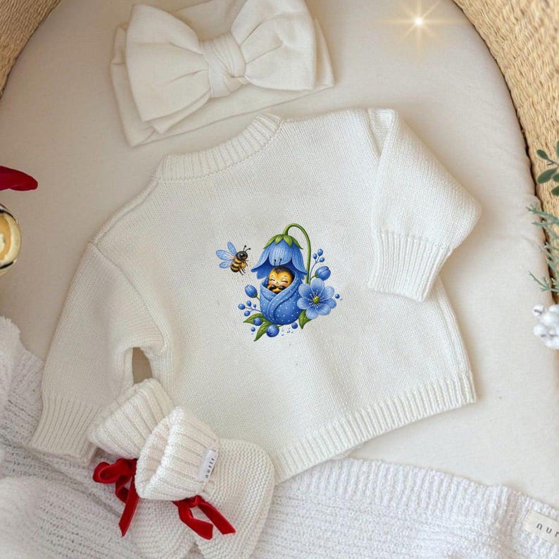 Blue Flower Bee Pattern, Cute Honey Bee Embroidery Design, Instant ...