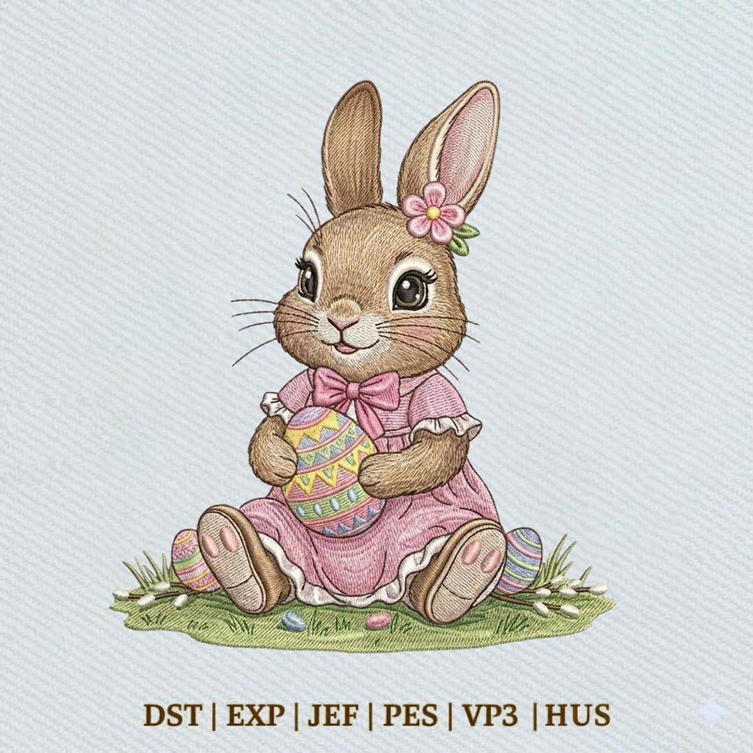 Cute Girl Bunny , Easter Rabbit Holding Egg, Spring Embroidery Design ...
