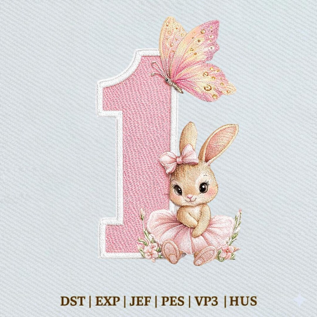 Number 1 Bunny With Butterfly, First Birthday Girl Embroidery Design ...