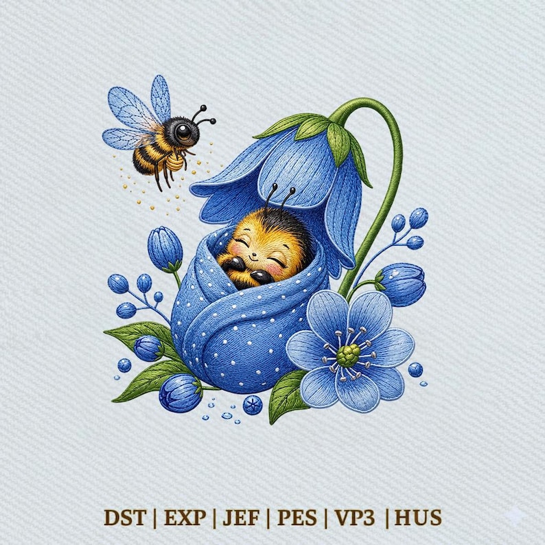 Blue Flower Bee Pattern, Cute Honey Bee Embroidery Design, Instant ...