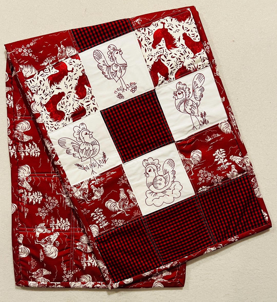 ONE OF A KIND! Hens & Roosters Embroidered Redwork Table Runner - 14" X ...
