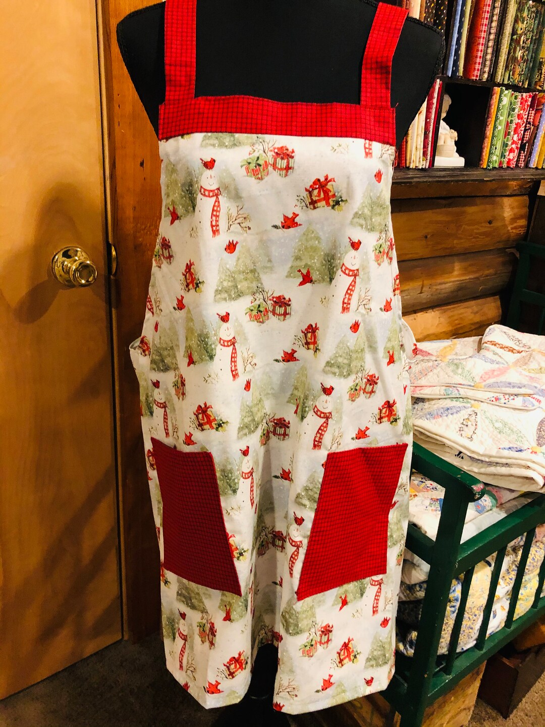 HALF PRICE APRON! Snowy Cardinals & Snowmen Amish Adult Apron - Charon ...