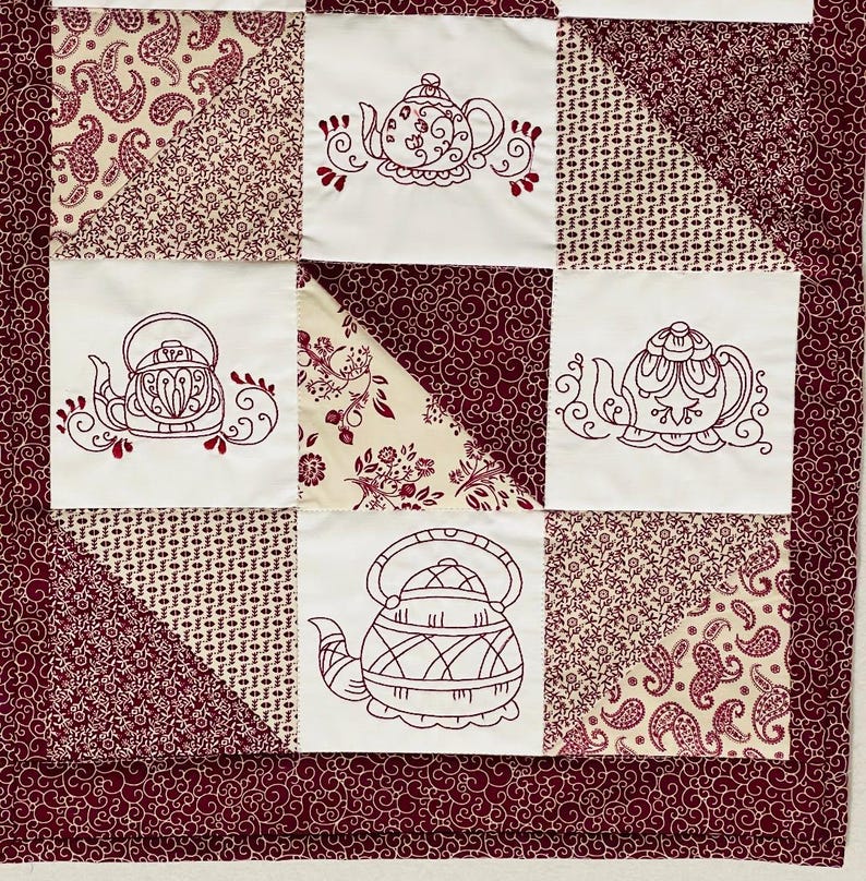 ONE OF A KIND! I'm a Little Tea Pot Embroidered Redwork Table Runner ...