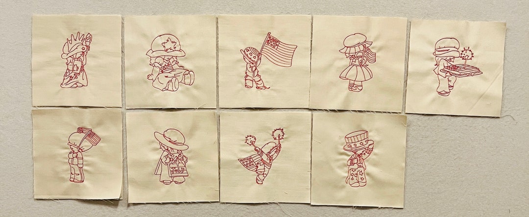 9 Patriotic Redwork Machine Embroidery Quilt Squares 6 X 6 Red ...