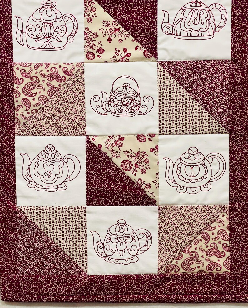 ONE OF A KIND! I'm a Little Tea Pot Embroidered Redwork Table Runner ...