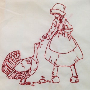 10 Redwork Machine Embroidery Squares - Thanksgiving Sun Bonnet Girls ...