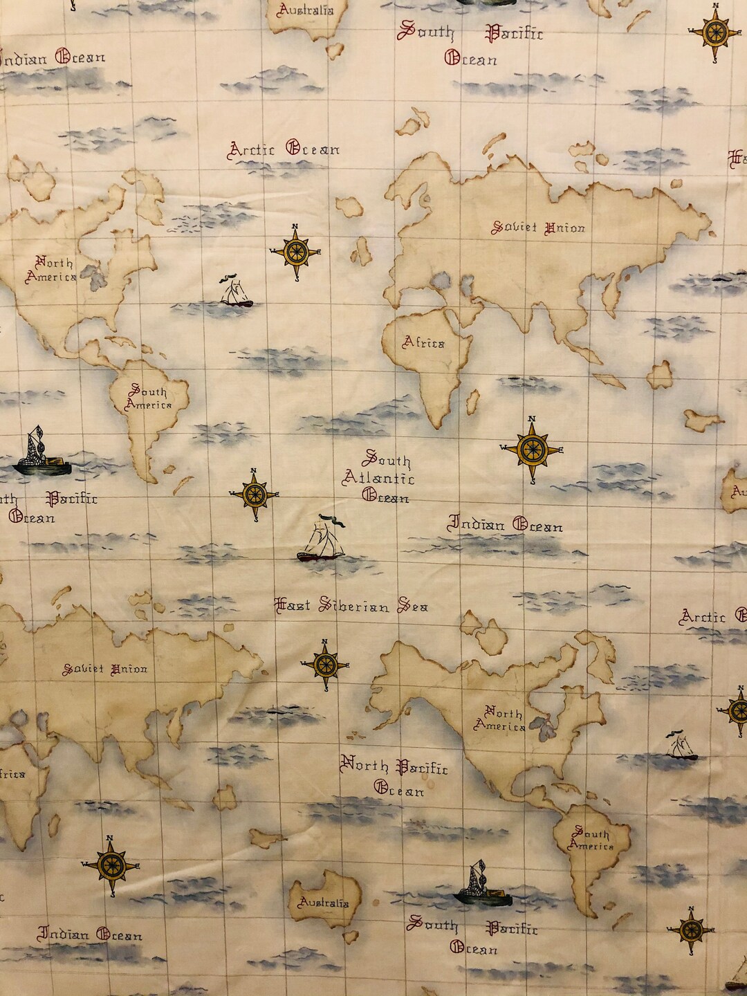 Vintage Leslie Beck Global Map Fabric Cranston Print Works Sold by the ...