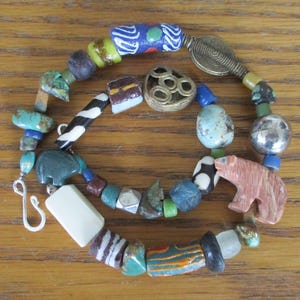 Handmade Treasure Necklace, Old African Trade Beads, Fetish Bear, Zuni ...