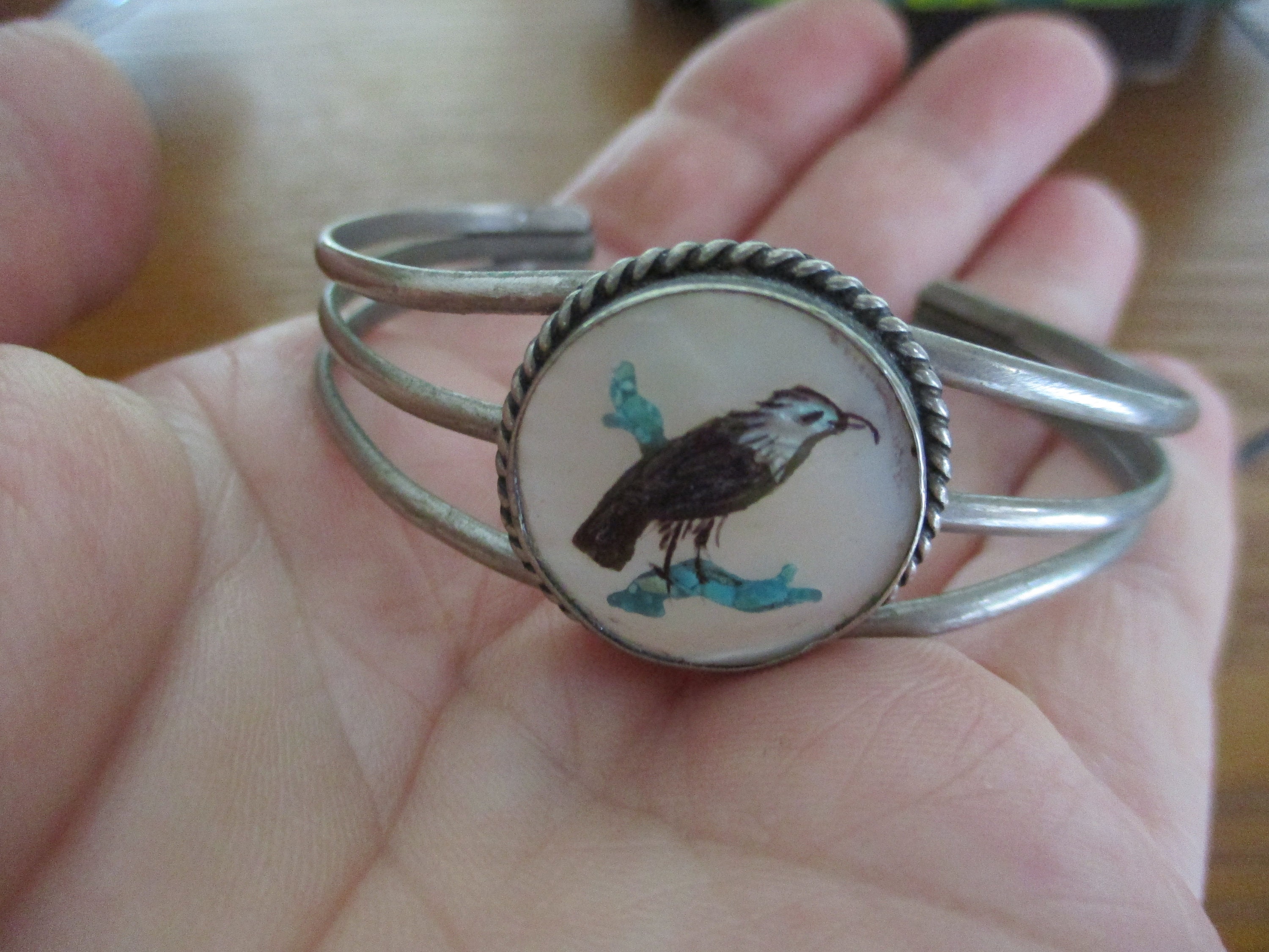 Rare Old Mother of Pearl, Turquoise, Gemstone Inlay and Silver Bracelet ...